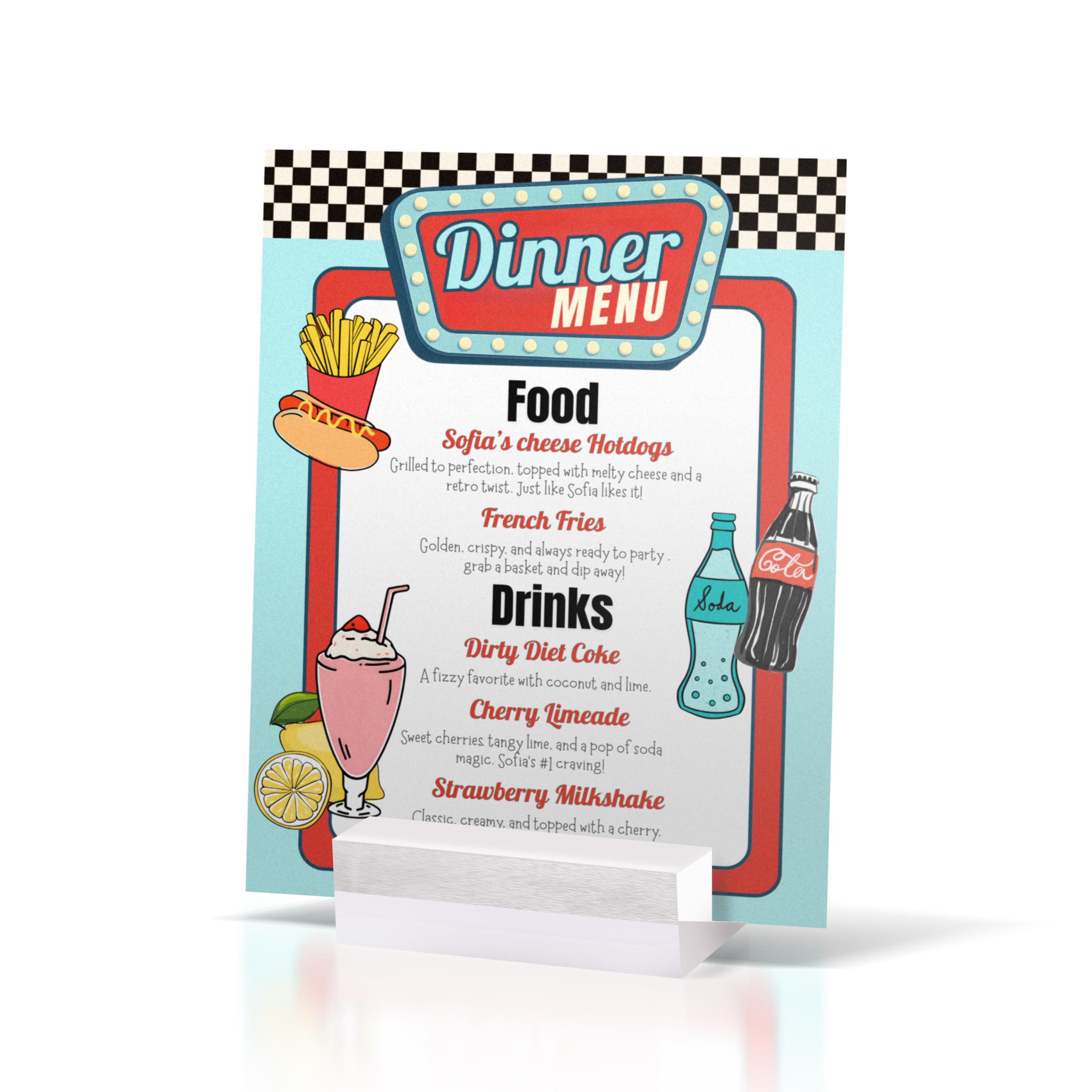 Retro 50s Diner Menu Sign Editable Printable Soda Soiree Food Label ...