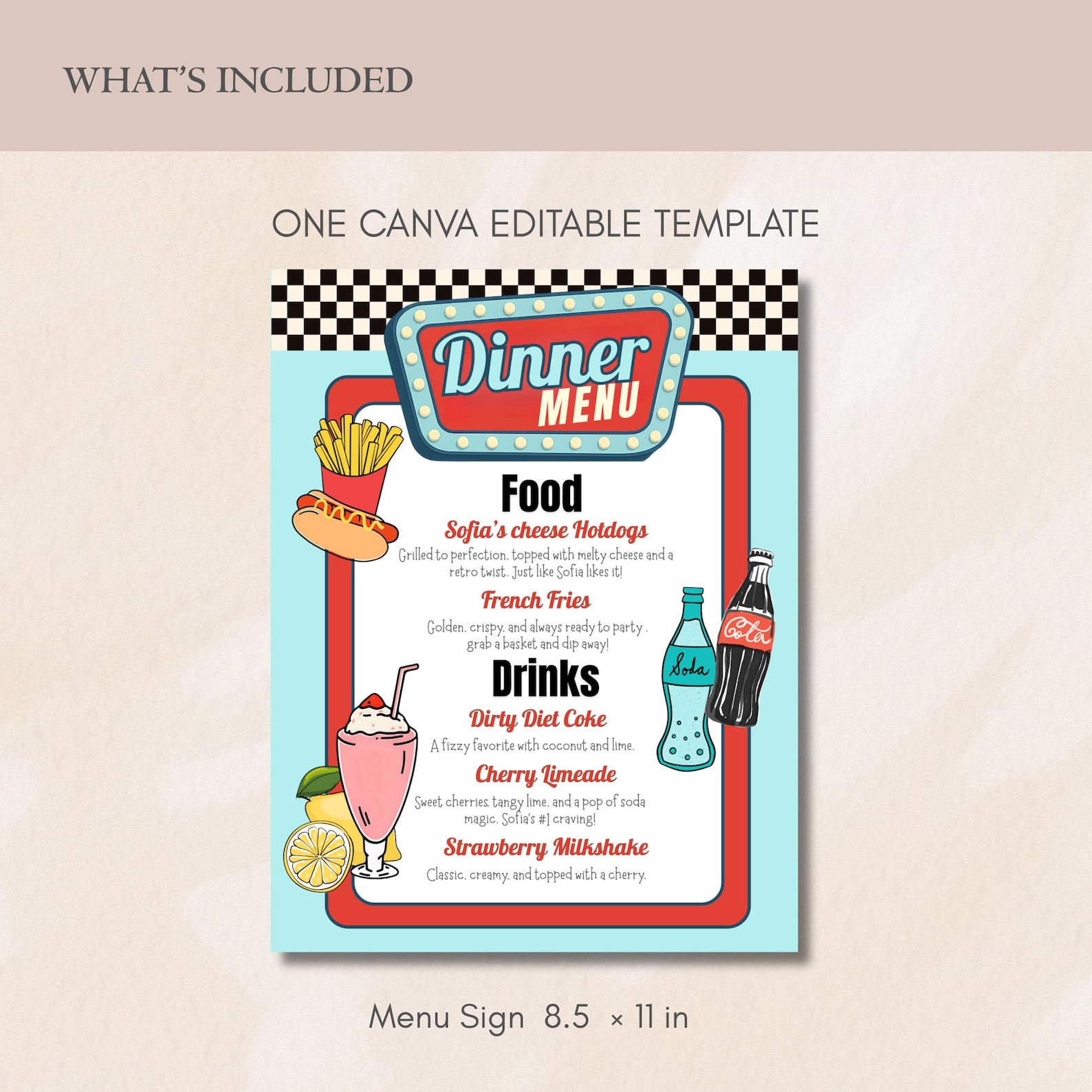 Retro 50s Diner Menu Sign Editable Printable Soda Soiree Food Label ...