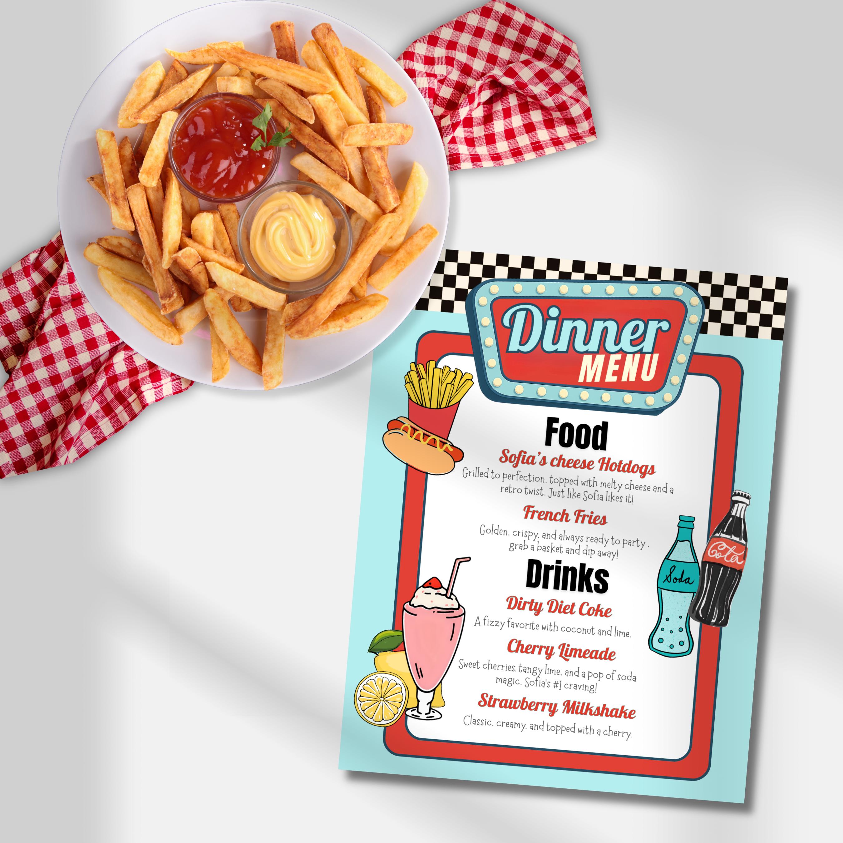 Retro 50s Diner Menu Sign Editable Printable Soda Soiree Food Label ...
