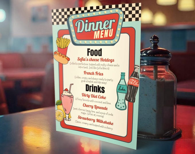 Personalized DINER 50's Food Menu Party PRINTABLE Rock'n'roll Sign Pop ...
