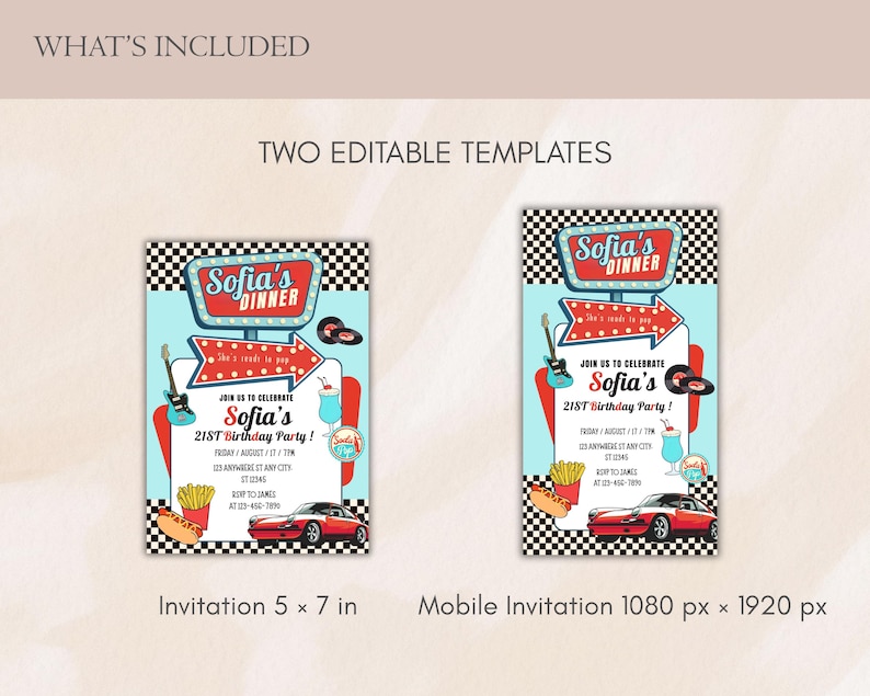Retro 50s Diner Birthday Invitation Editable Instant Download Fifties Birthday Party Invite ...