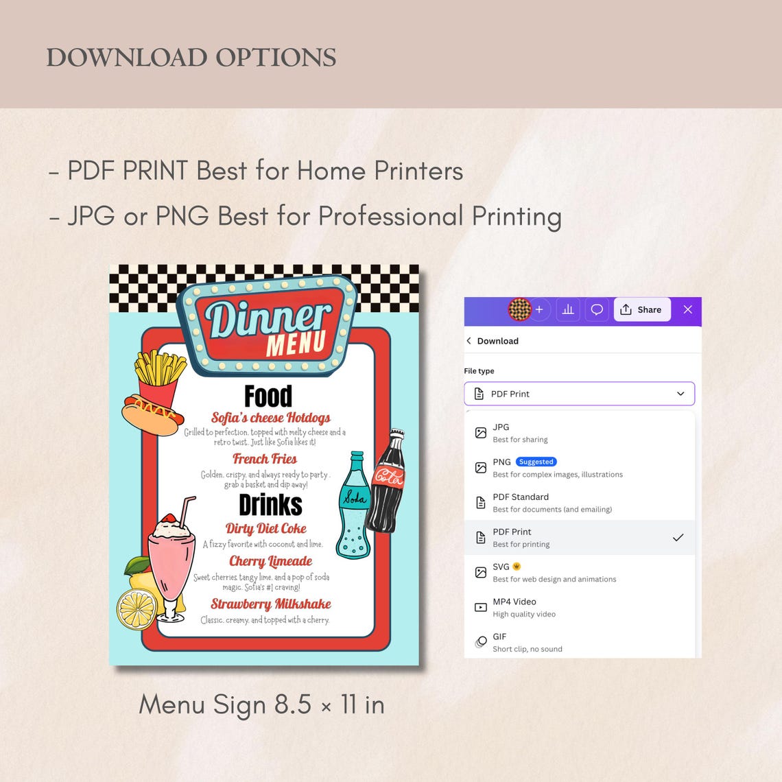 Retro 50s Diner Menu Sign Editable Printable Soda Soiree Food Label ...