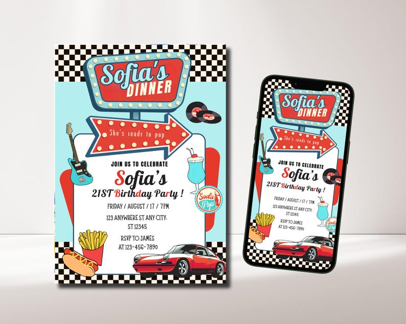 Retro 50s Diner Birthday Invitation Editable Instant Download Fifties Birthday Party Invite ...