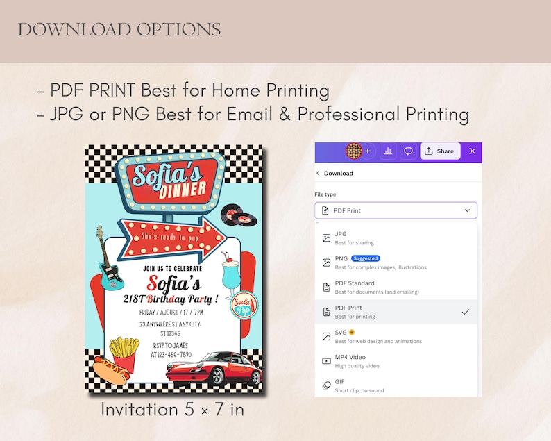 Retro 50s Diner Birthday Invitation Editable Instant Download Fifties Birthday Party Invite ...