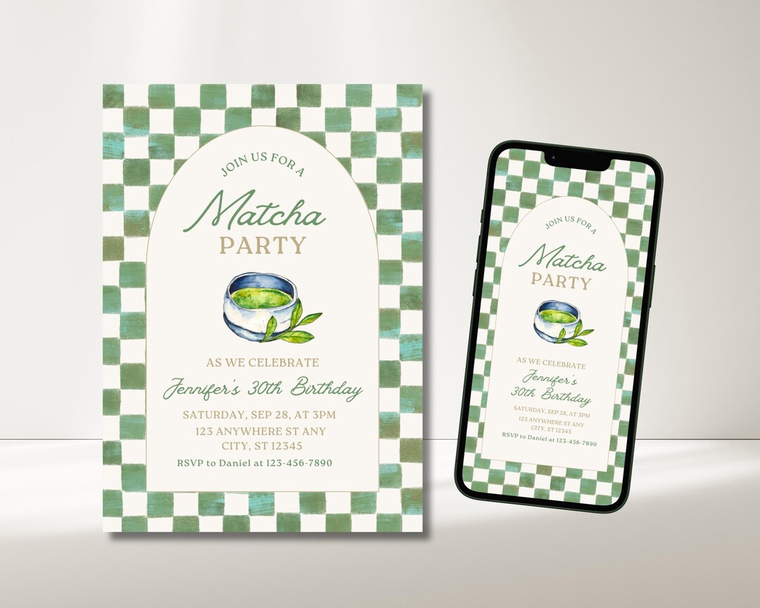 Editable Matcha Birthday Party Invitation for Her Green Gold Japanese ...
