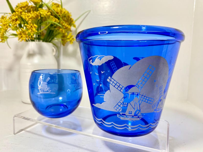 Vintage Hazel Atlas Cobalt Blue Windmill Ice Bucket Tumbler Set - Etsy