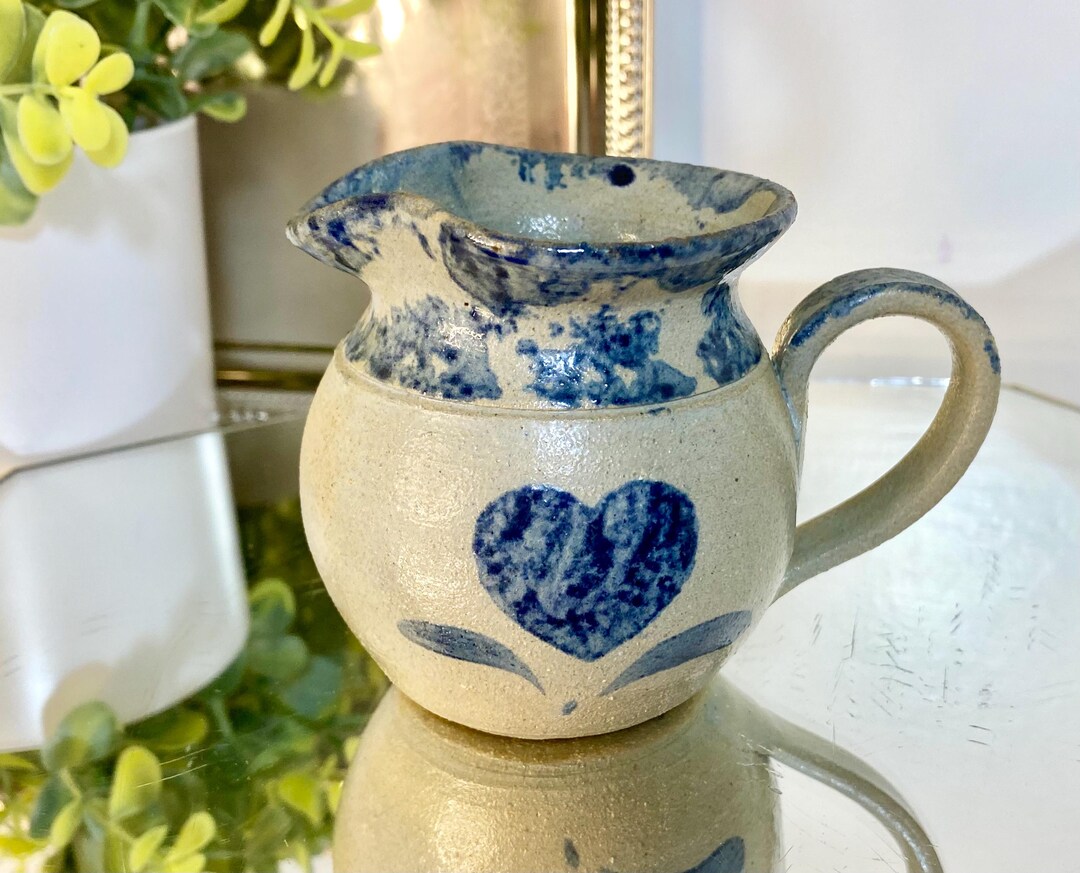 Vintage Ellis Pottery Creamer: Salt Glazed Stoneware, Blue Spongeware ...