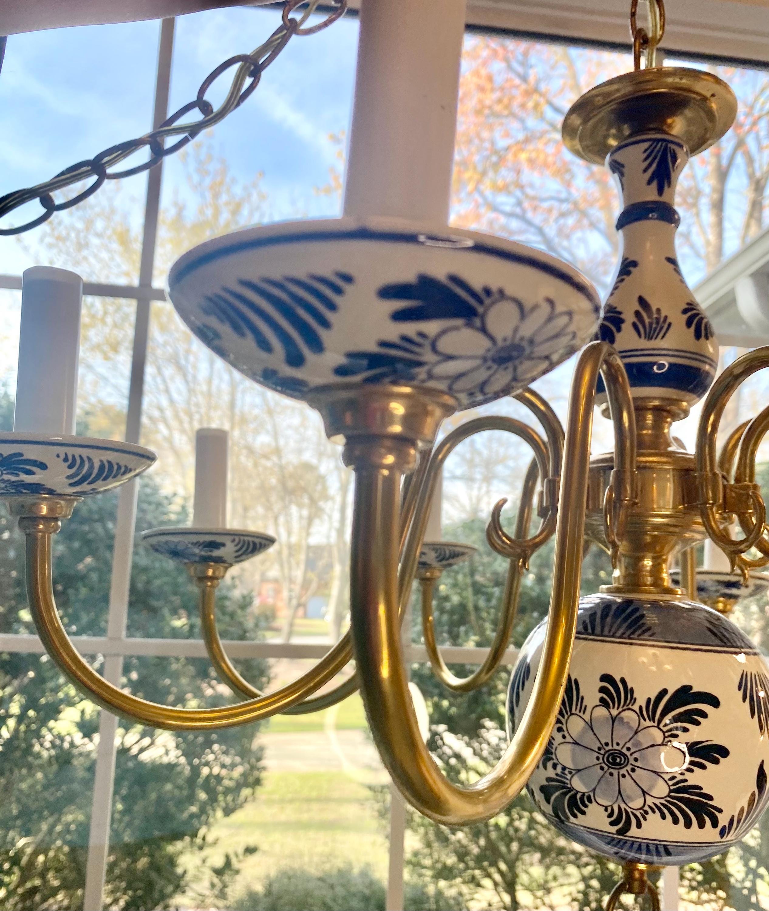 Vintage Delft Style Blue Porcelain Brass Chandelier – 8-light Dutch ...
