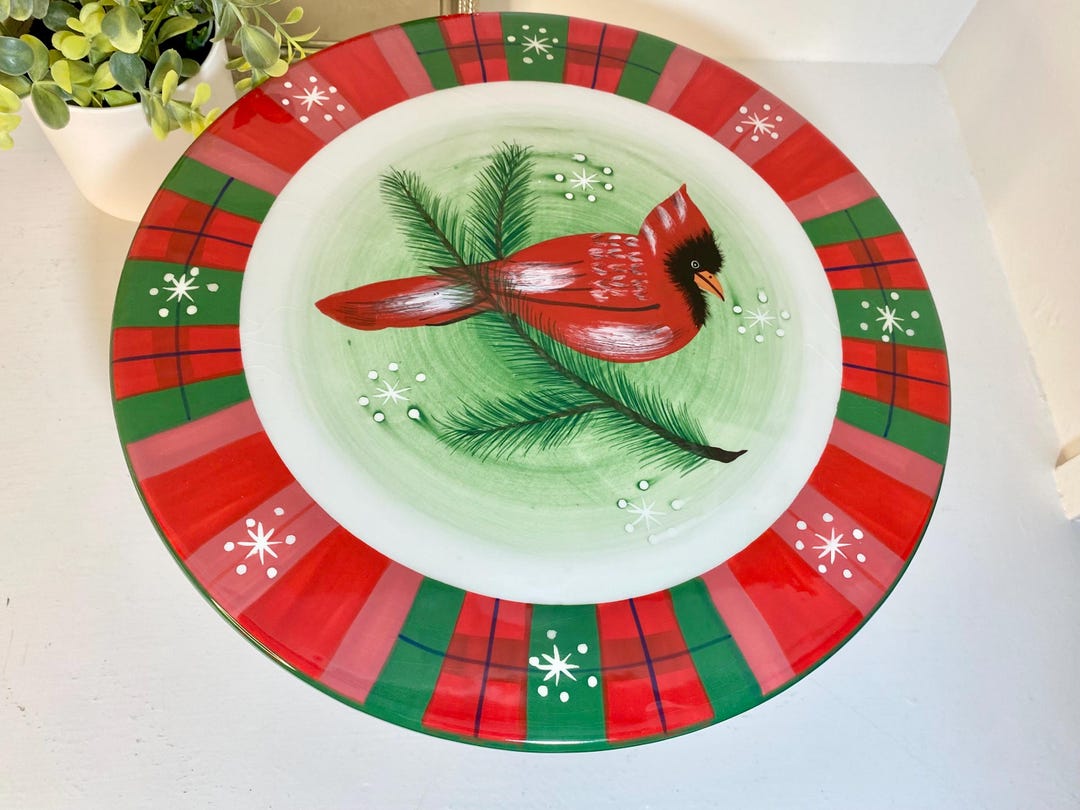 Vintage Country Christmas Cardinal Cake Plate Pedestal Stand Plaid ...