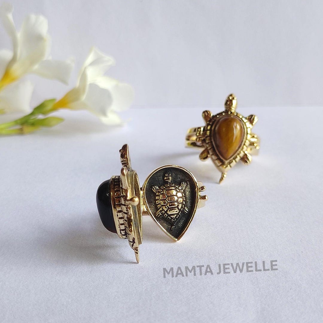 Turtle Tiger Eye Locket Ring With Cute Little Turtle Inside , Pear ...