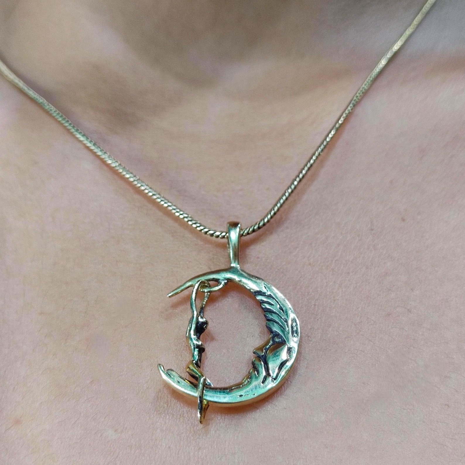 Swing Lady in the Moon Pendent , Riding Lady on Moon , Gold Plated ...
