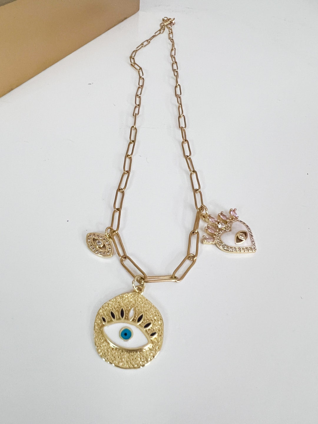 Gold Plated Paper Clip Chain Necklace With Jewelled Evil Eye & - Etsy