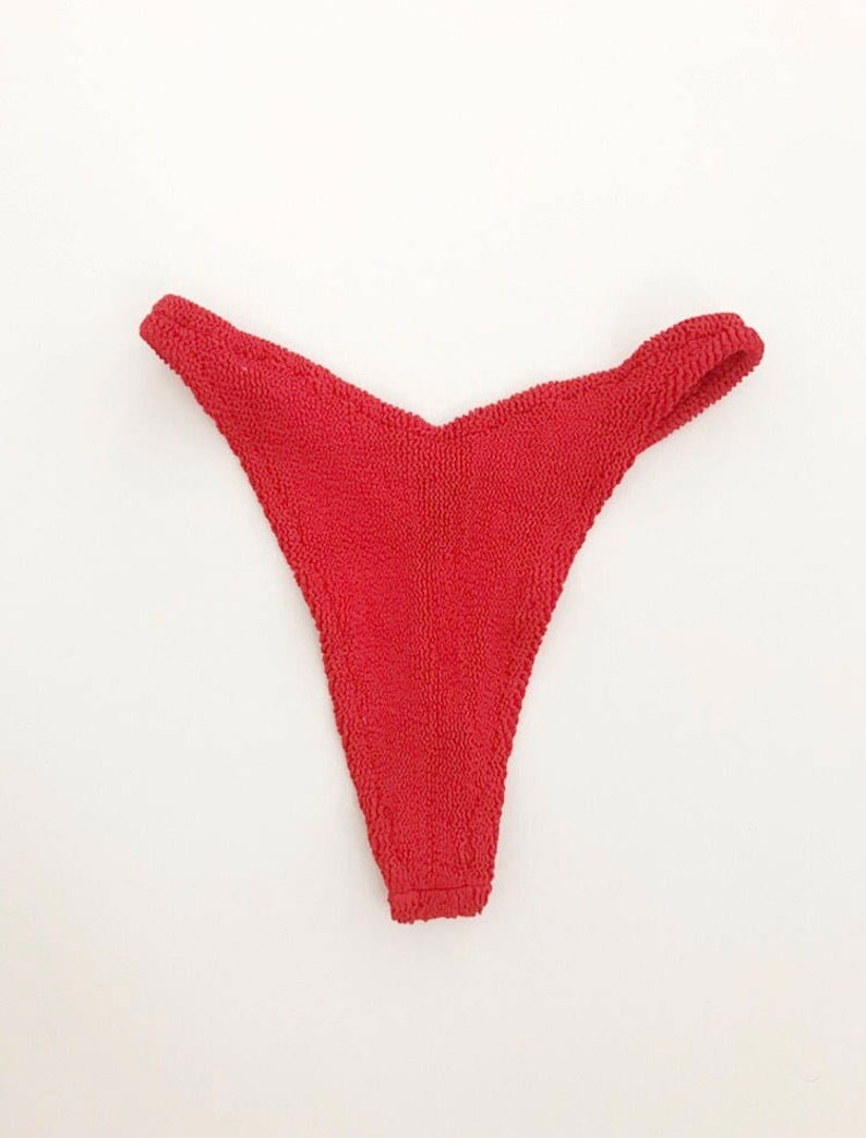 Red Crinkle Tanning Thong Bikini Briefs / High Cut 80's Style Swimwear ...