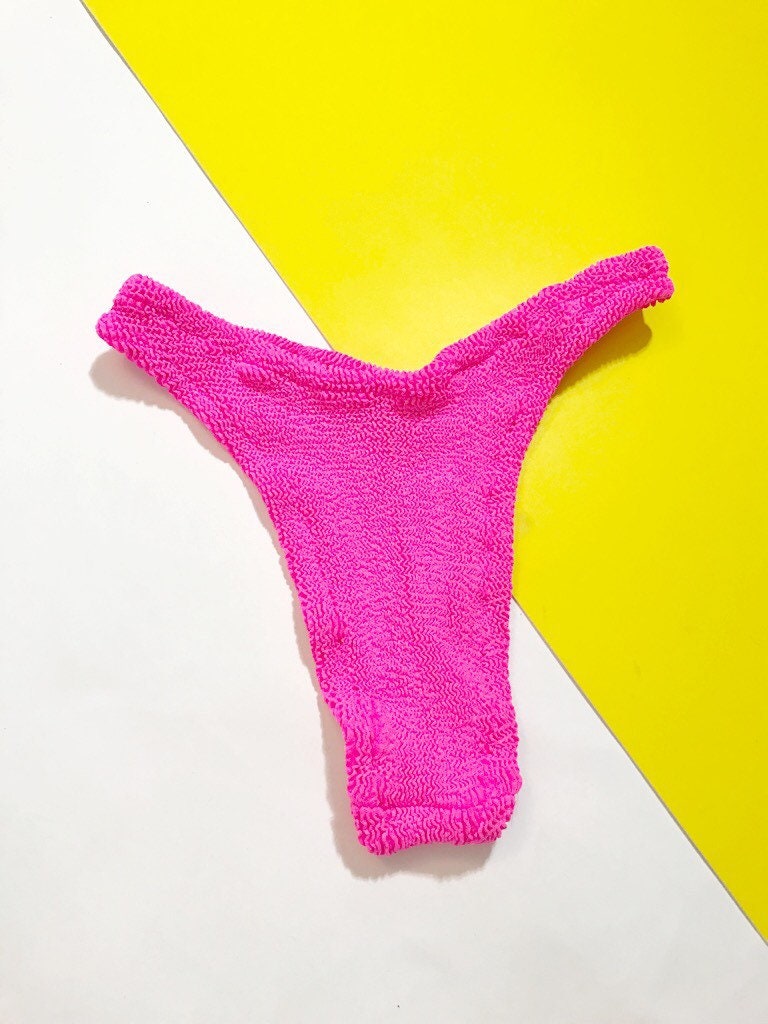 High Cut Tanning Thong Bikini Brief in Neon Pink Crinkle - Etsy