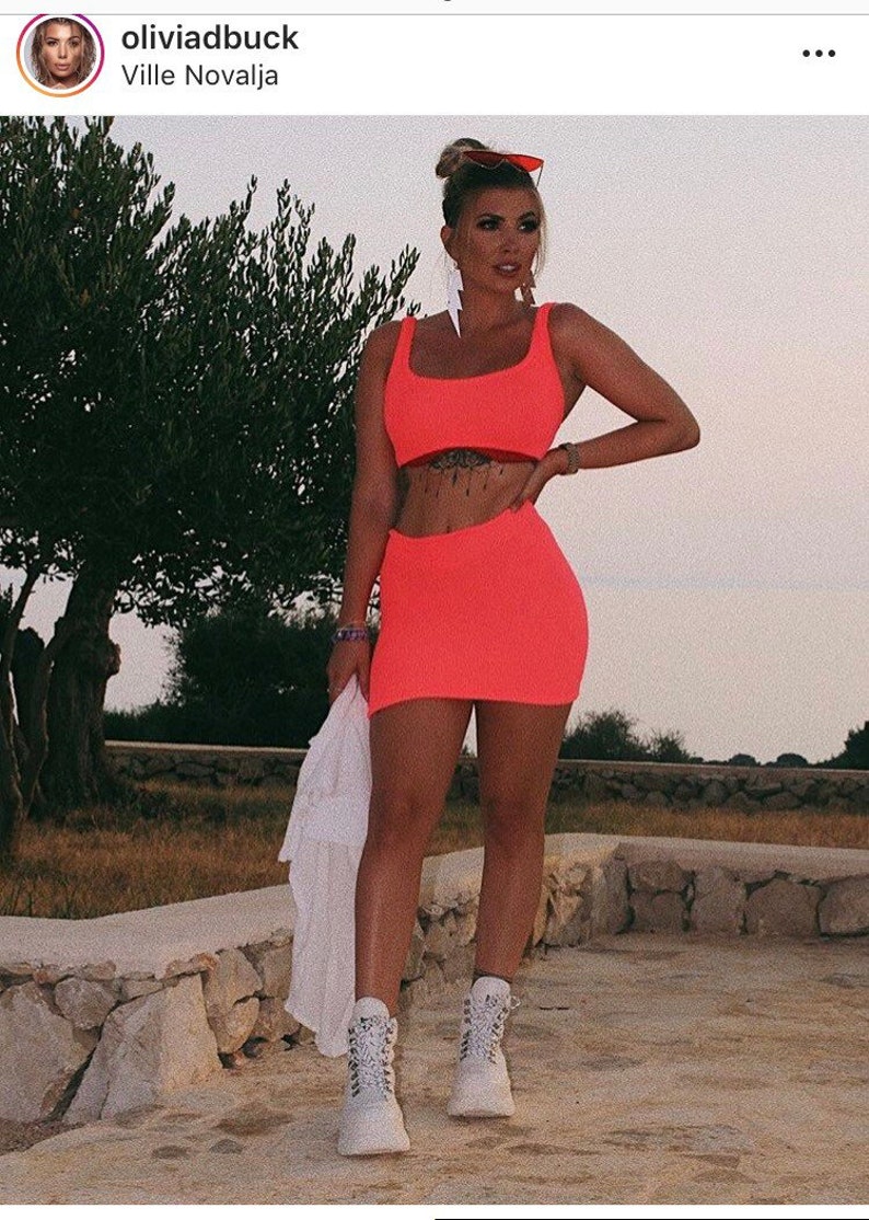 Mini Crop Top & Skirt Two piece in Neon Coral Crinkle / Ultra | Etsy