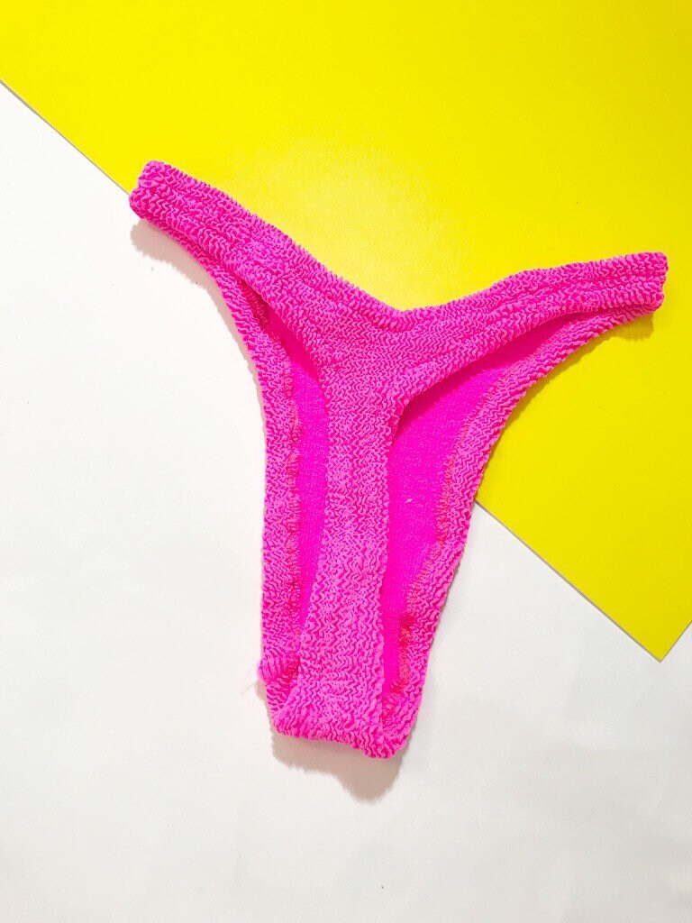 High Cut Tanning Thong Bikini Brief in Neon Pink Crinkle - Etsy