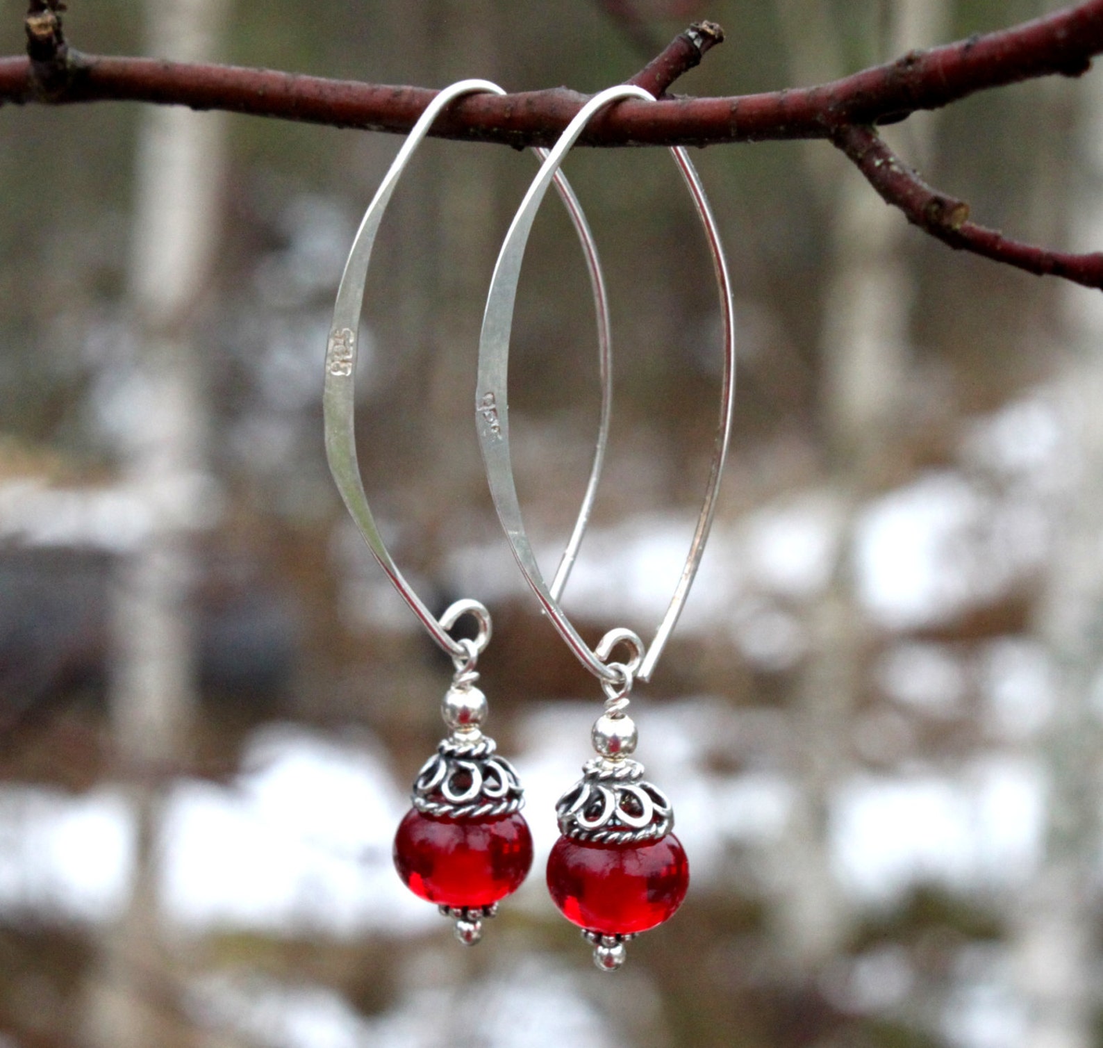 Dangling Deep Red Glass & Sterling Silver Earrings, Lampwork, Jewelry ...