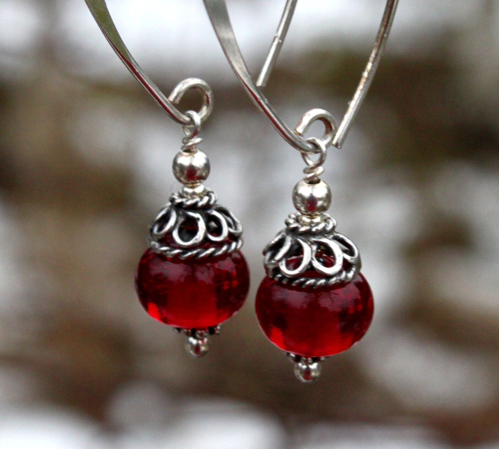 Dangling Deep Red Glass & Sterling Silver Earrings, Lampwork, Jewelry ...