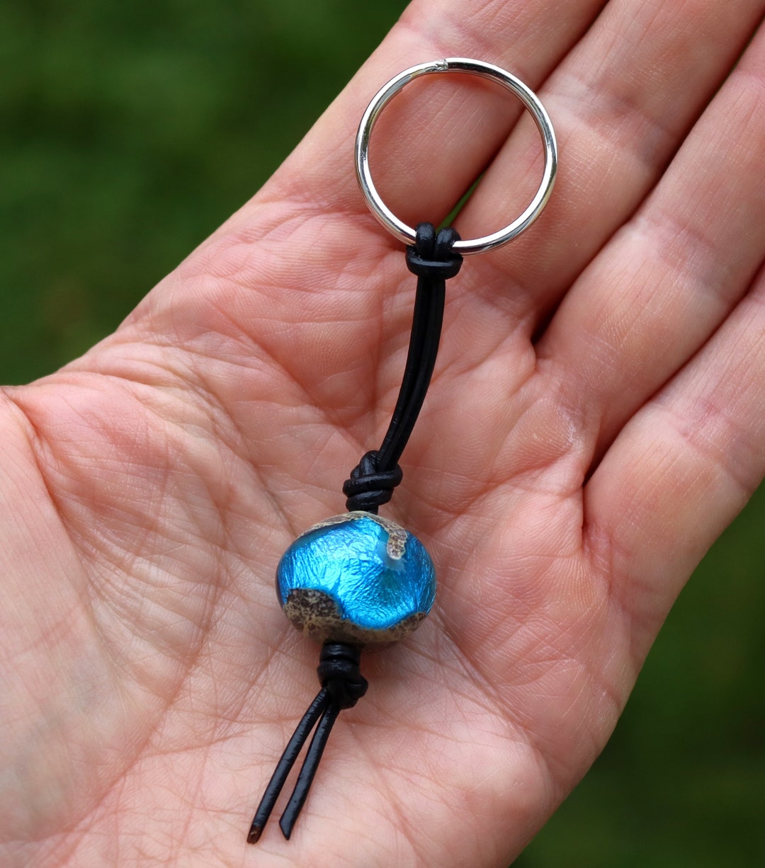 Keychain, Blue Lagoon Glass & Leather Key Ring,sra, Lampwork Glass Bead ...