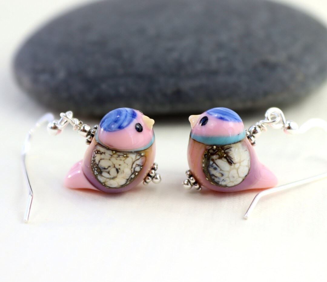 Cute Pink Glass Bird Earrings, Lampwork, Sterling Silver, SRA, Glass ...
