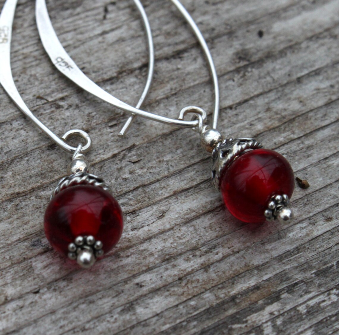 Dangling Deep Red Glass & Sterling Silver Earrings, Lampwork, Jewelry ...
