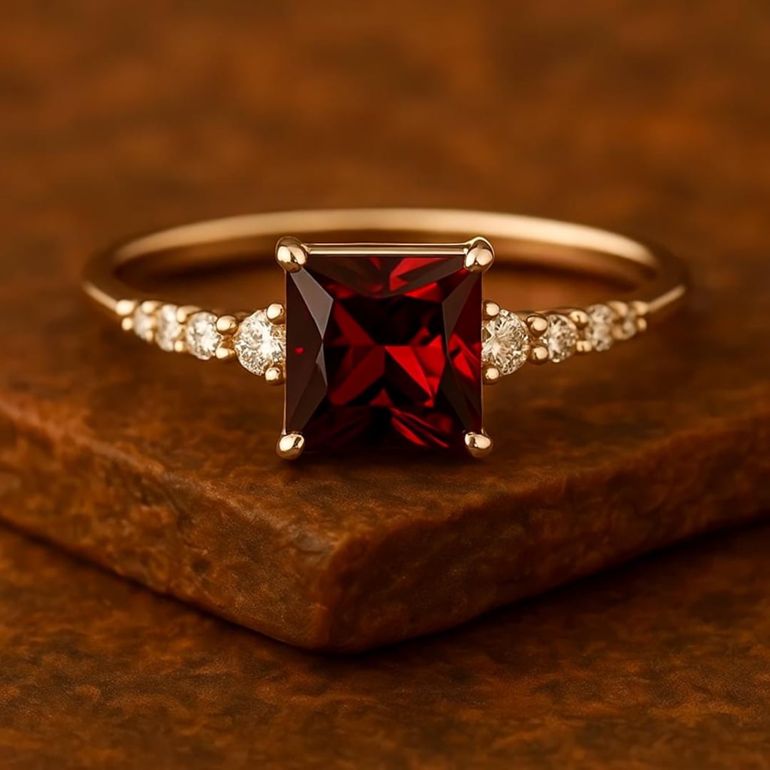 14K Gold Princess Cut Garnet Ring: Diamond Accent Boho Ring - Etsy