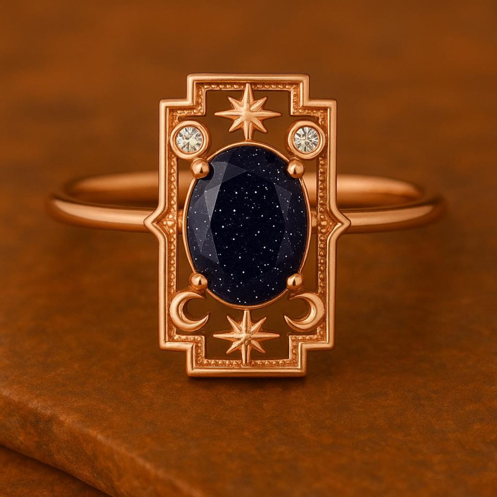 Celestial Sandstone Ring • Rose Gold Art Deco Moon Star Ring - Etsy