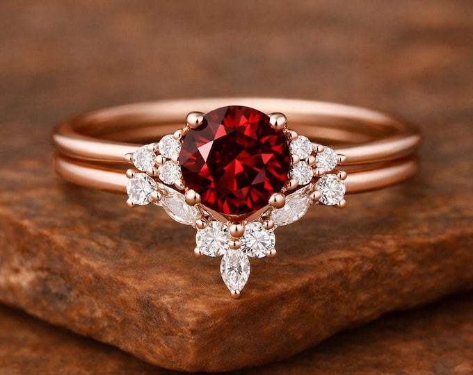 Garnet Engagement Ring Rose Gold / January Birthstone Halo Vintage ...