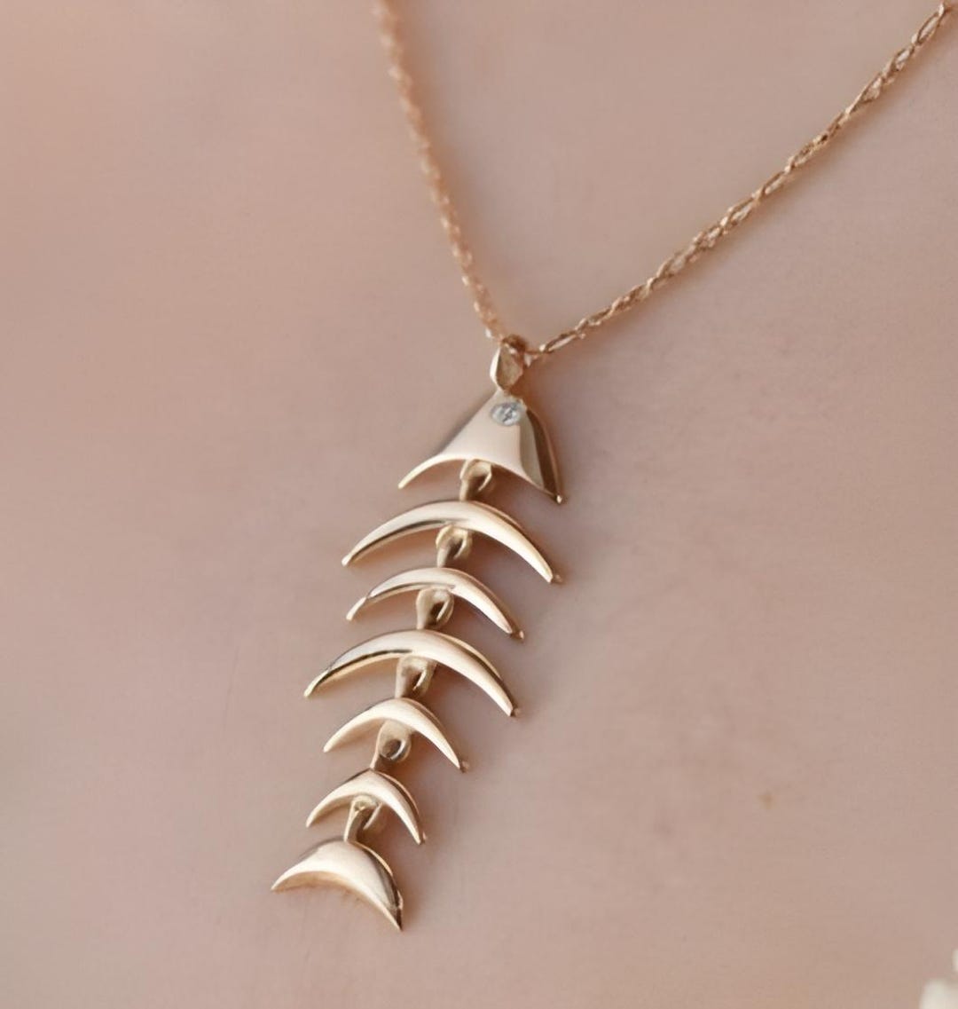 Dainty Rose Gold Fishbone Necklace, Minimalist Skeleton Charm - Etsy
