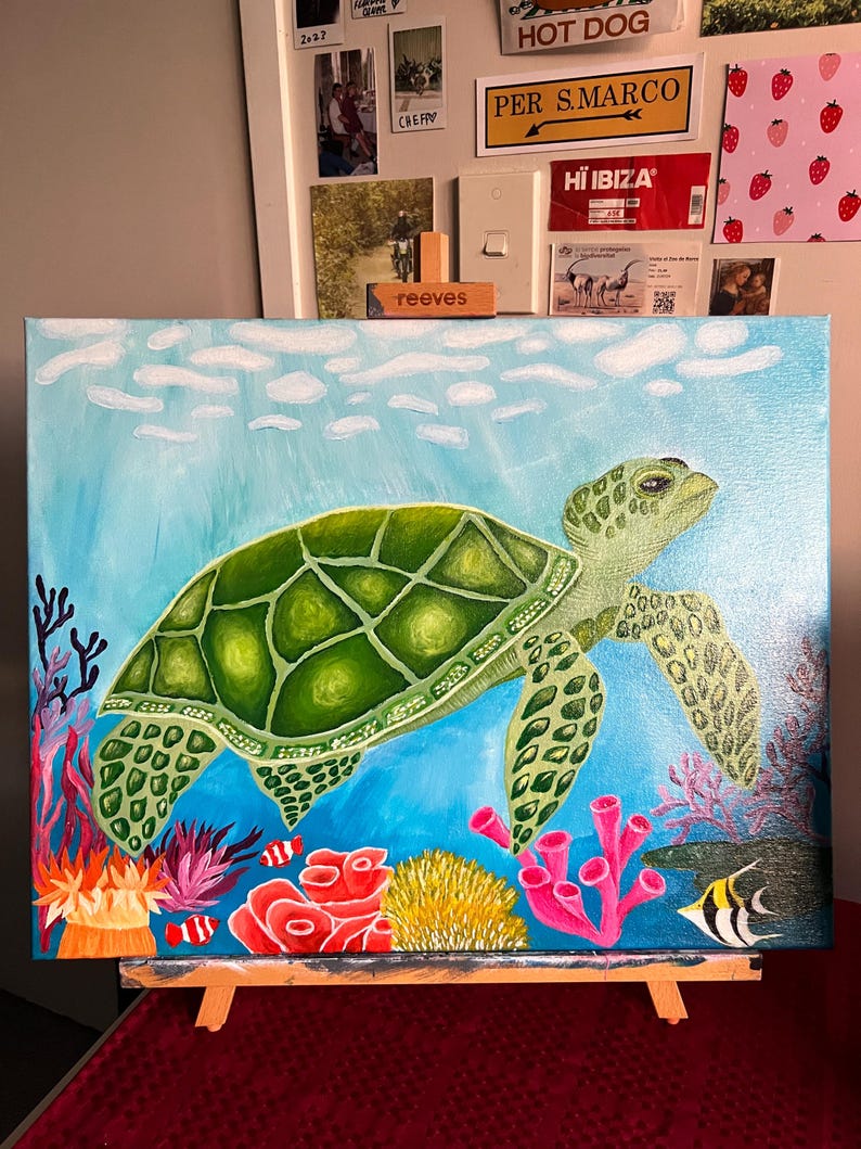 Acrylic Hand Painting on Canvas, Turtle in Reef Painting, Acrylic ...