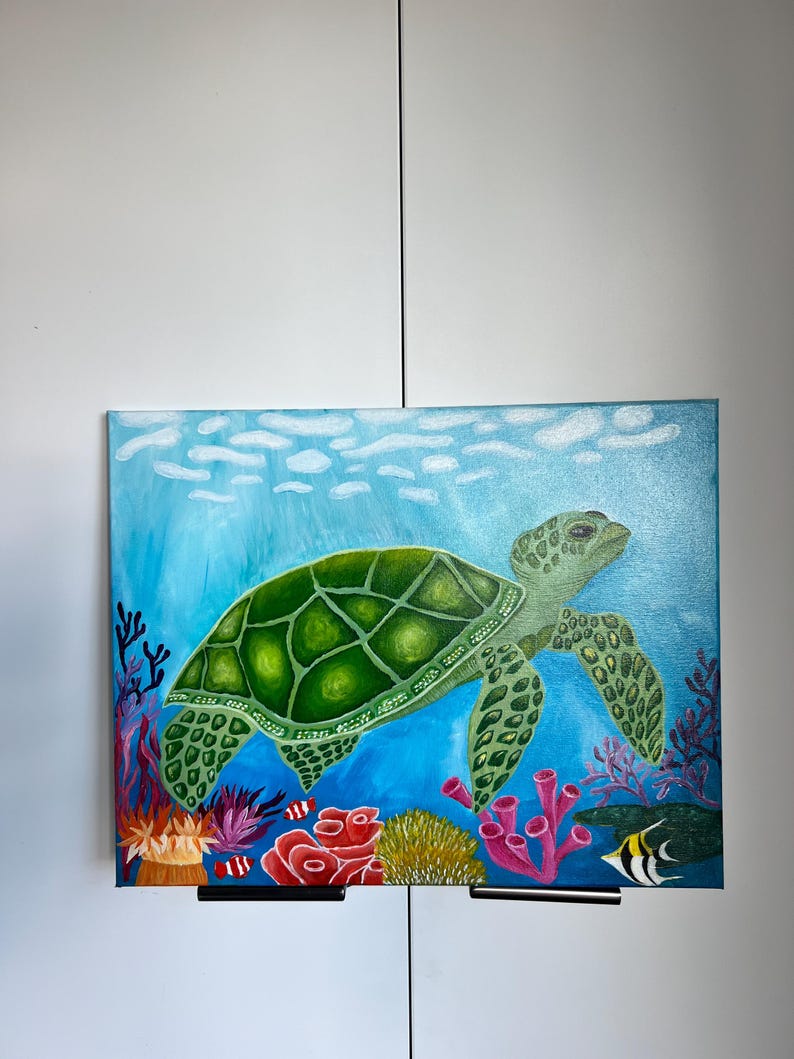 Acrylic Hand Painting on Canvas, Turtle in Reef Painting, Acrylic ...