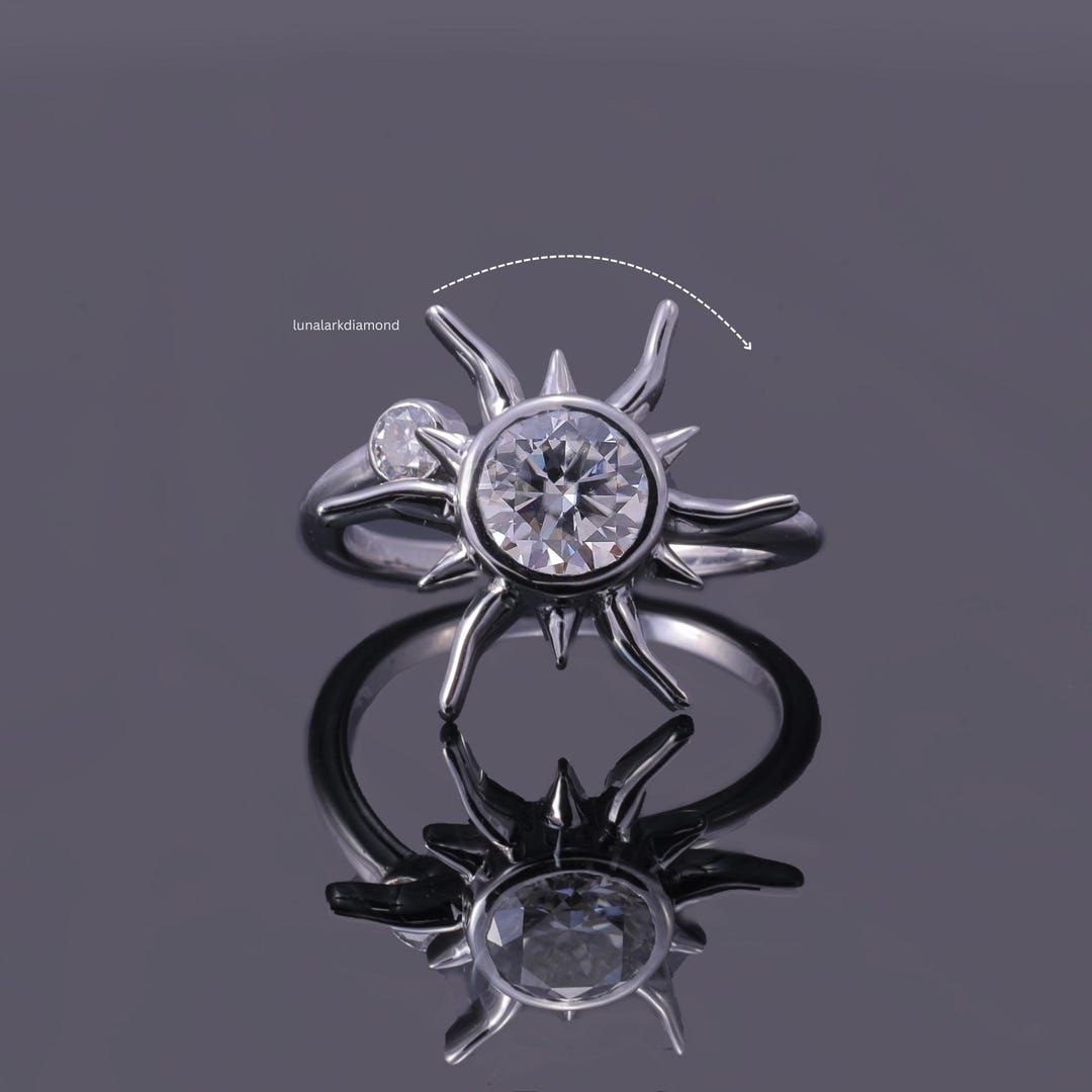 Sunburst Spinner Moissanite Ring Sterling Silver Unique Rotating Sun ...