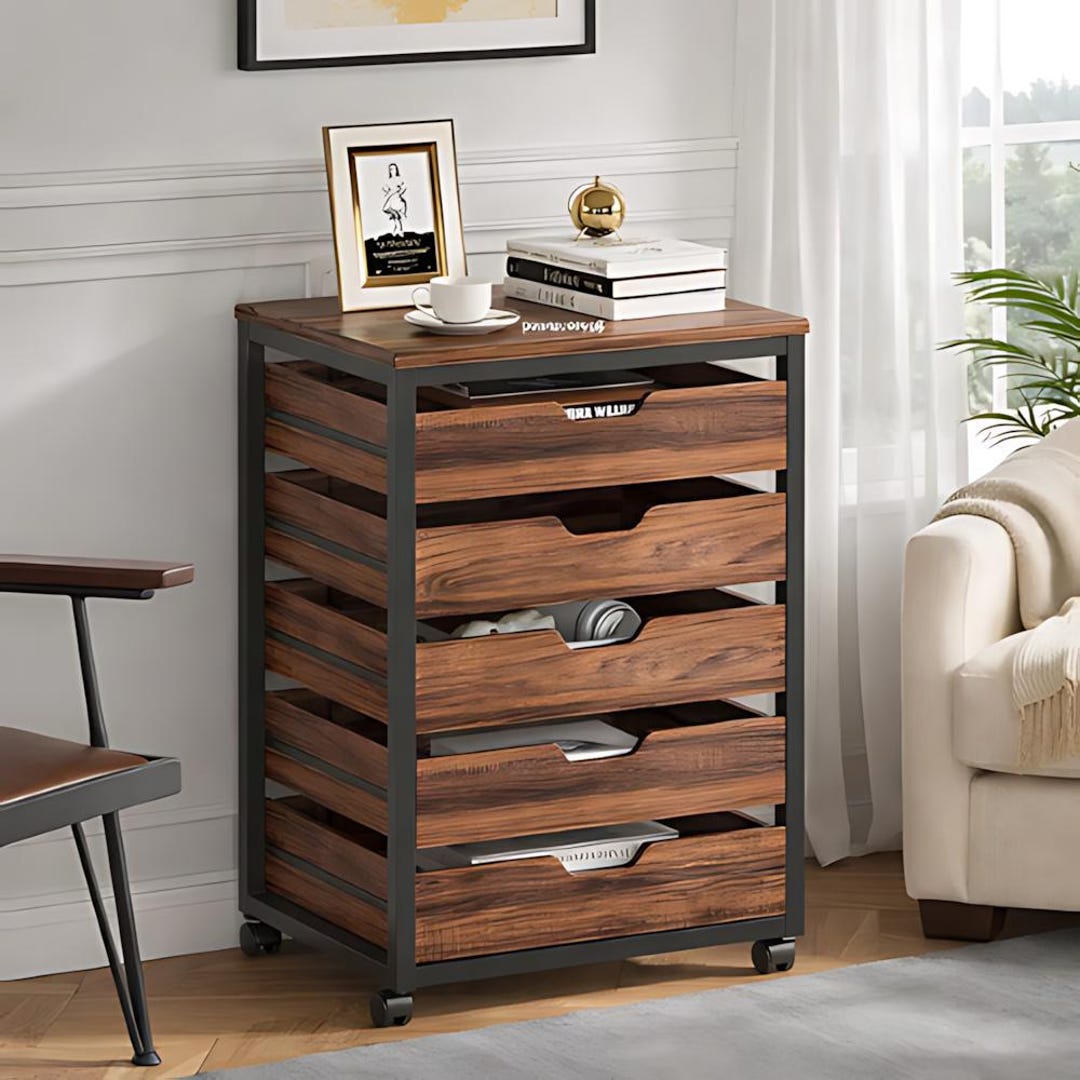 5 Drawer Storage Cabinet With Wheels Industrial Wood Organizer Chest ...