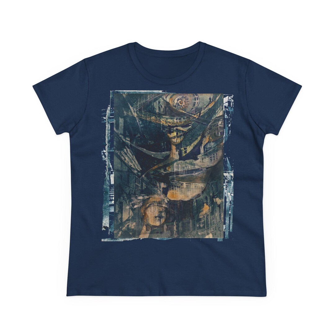 Cyberpunk Cyanotype Art Womens Tee Hand Drawn Futuristic Cityscape ...
