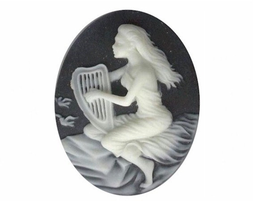 Muse Sea Nymph With Stringed Harp Instrument Resin Cameo Black Cream ...