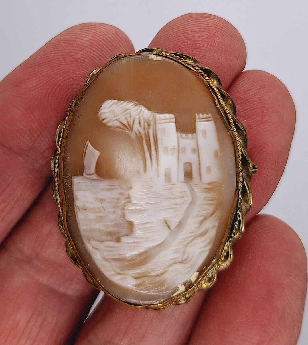 Antique Large Carved Italian Shell Cameo Landscape Brooch Gold Tone ...