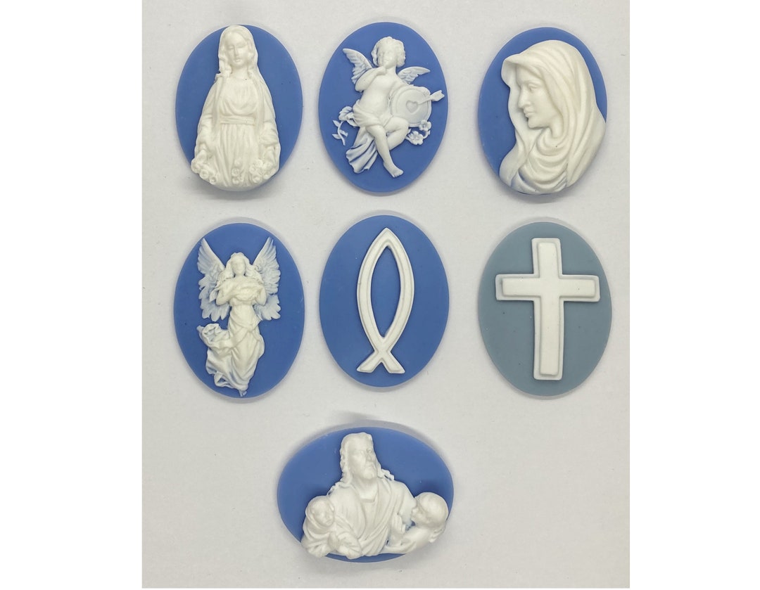 7pc Lot 40x30mm Religious Set of Blue and off White Resin Cameo ...