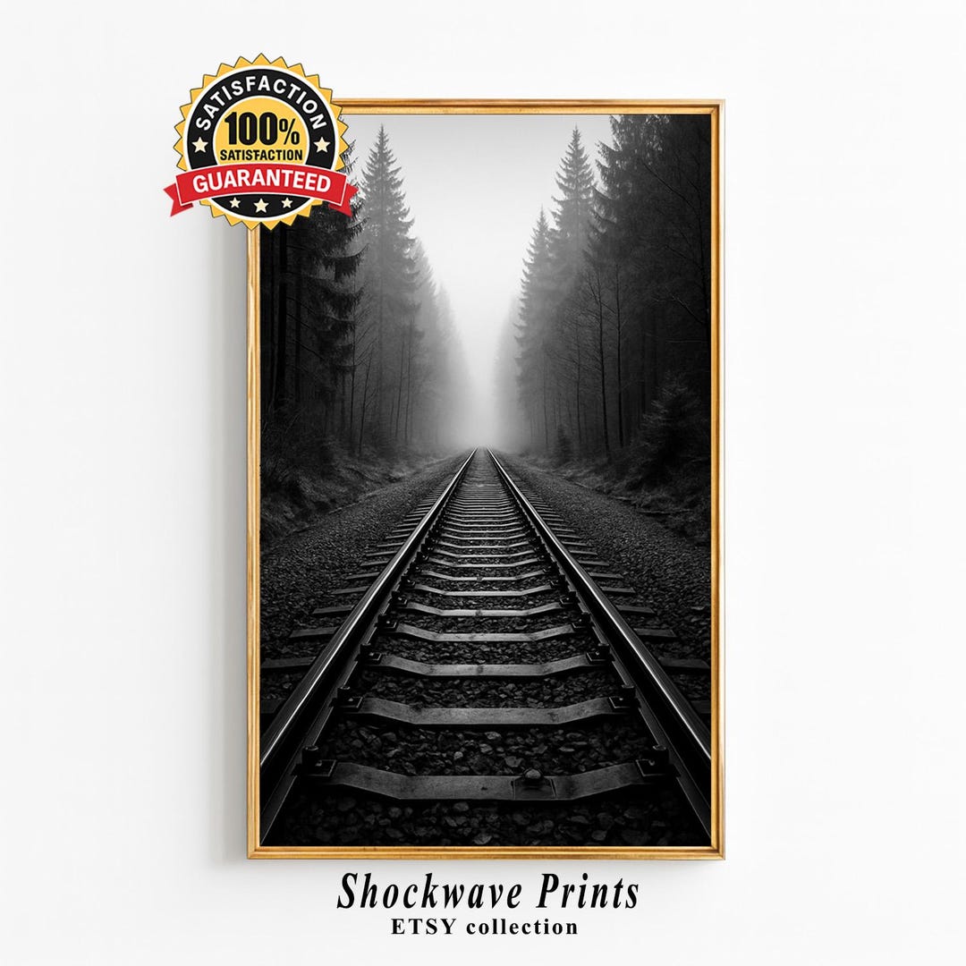 Railroad Tracks Black and White Wall Art – Foggy Forest Perspective ...
