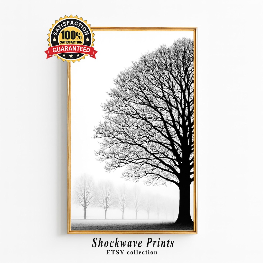 Misty Tree Line Wall Art, Minimalist Black & White Landscape, Calm ...
