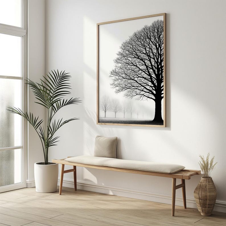Misty Tree Line Wall Art, Minimalist Black & White Landscape, Calm ...