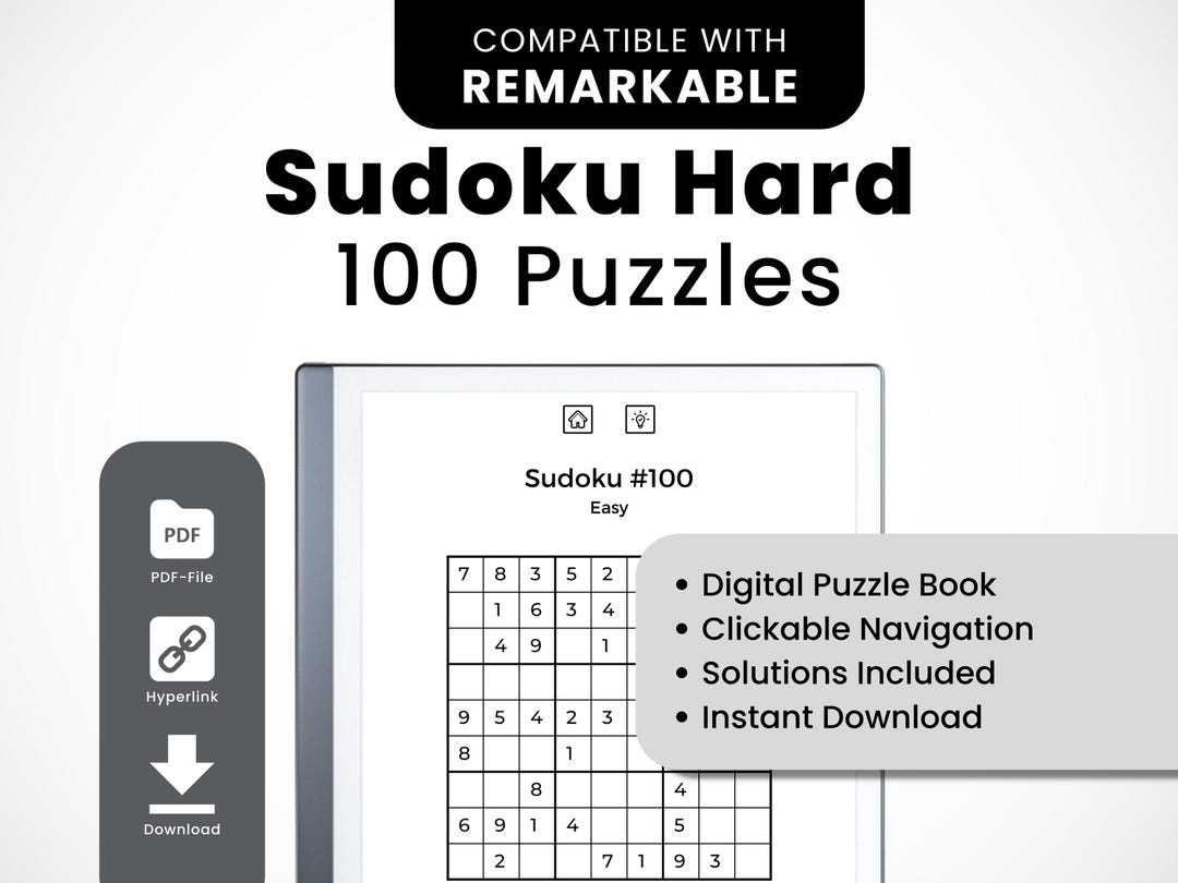 Sudoku for Remarkable, 100 Hard Puzzles, Digital Puzzle Book Template ...
