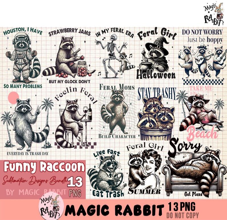 Funny Raccoon PNG Bundle: Feral Girl Clipart, Retro Tattoo Style ...