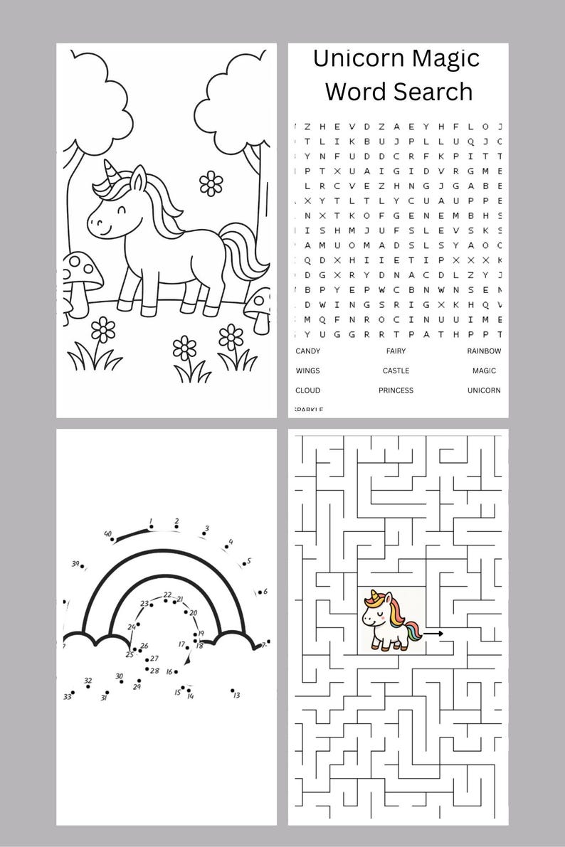 Unicorn Activity Book: Coloring Pages, Mazes, Word Search (PDF ...