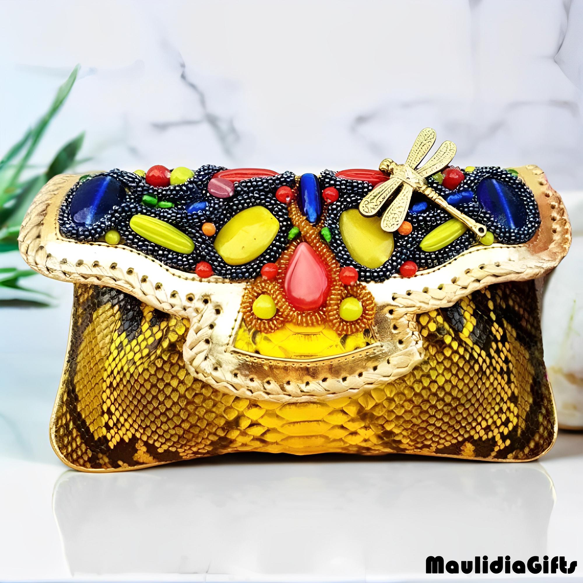 Handmade Fan Clutch – Genuine Snake Skin & Natural Stone Ornaments ...