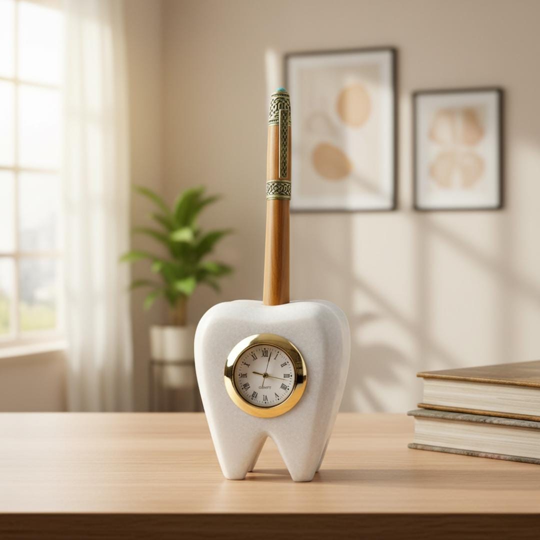 Tooth Shaped Marble Desk Clock & Pen Stand | Unique Dentist Gift ...