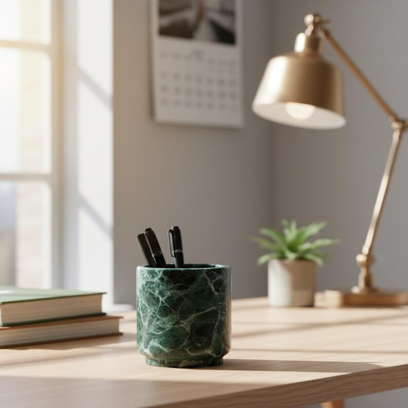 Green Marble Pen Holder | Natural Stone Desk Organizer | Minimalist ...