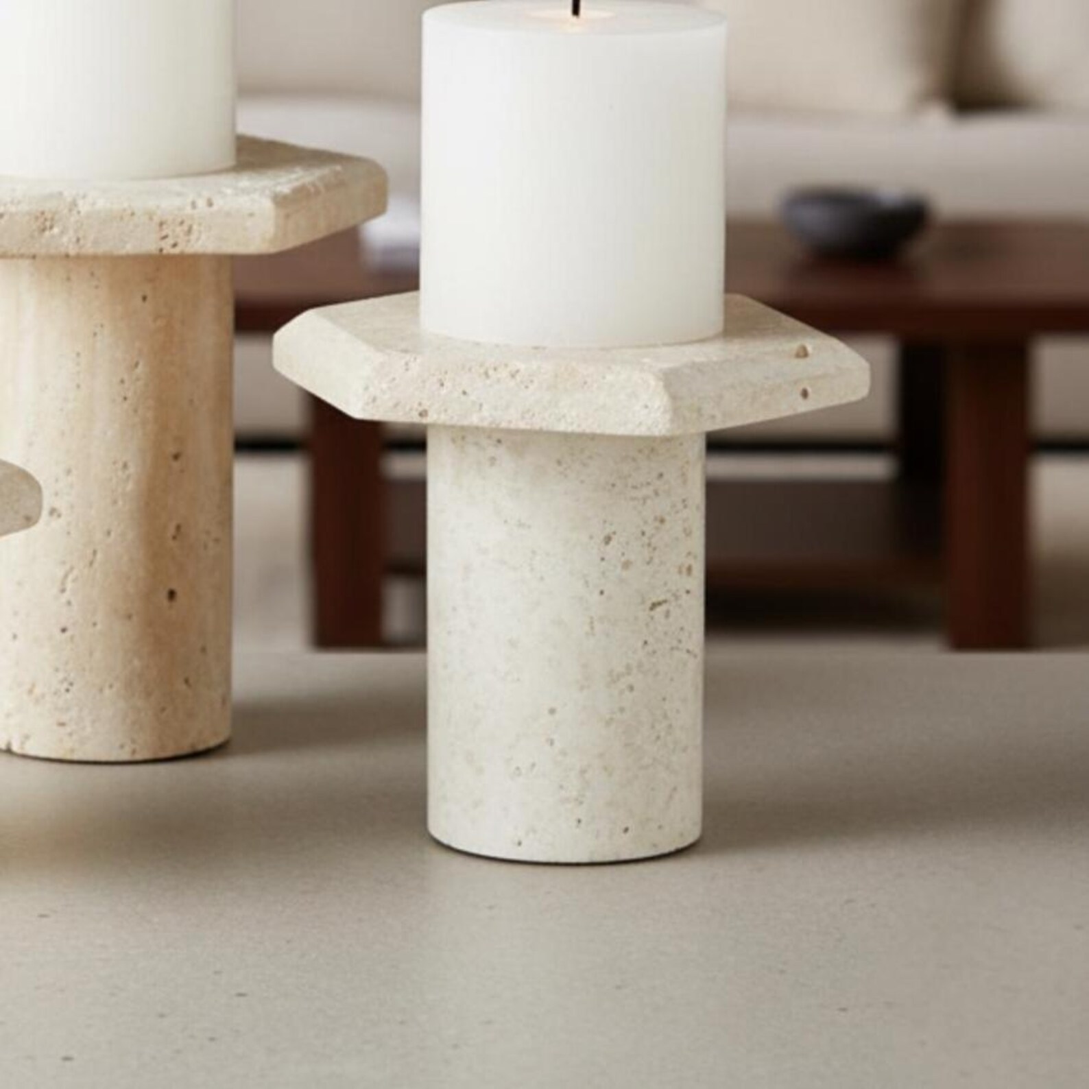Handcrafted Travertine Candle Holders – Natural Stone Pillar Stands for ...
