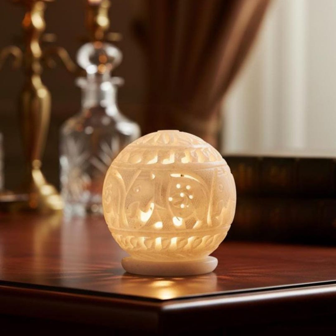 Hand-carved White Marble Elephant Sphere - Intricate Floral & Elephant ...