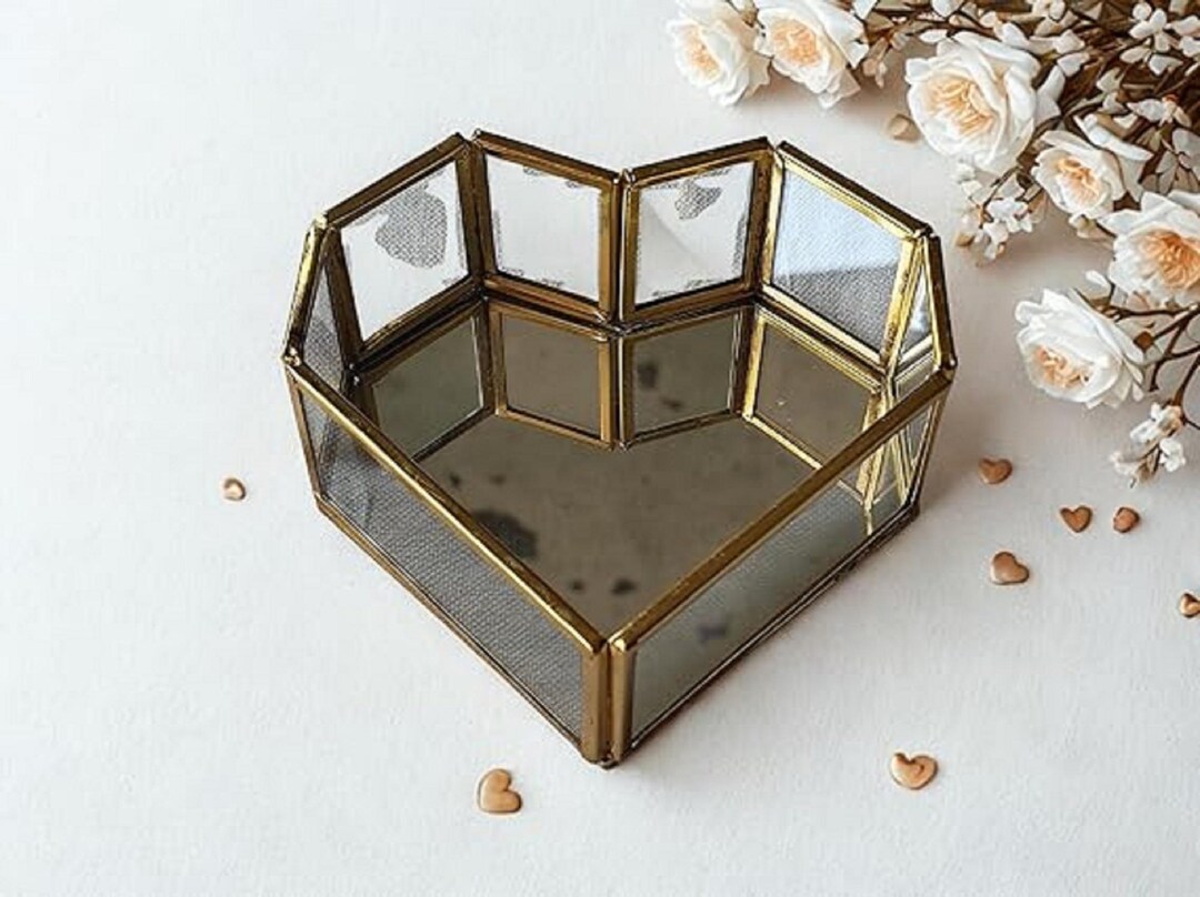 Decorative Heart Shaped Small Glass Tray With Brass Frame, Mirror ...