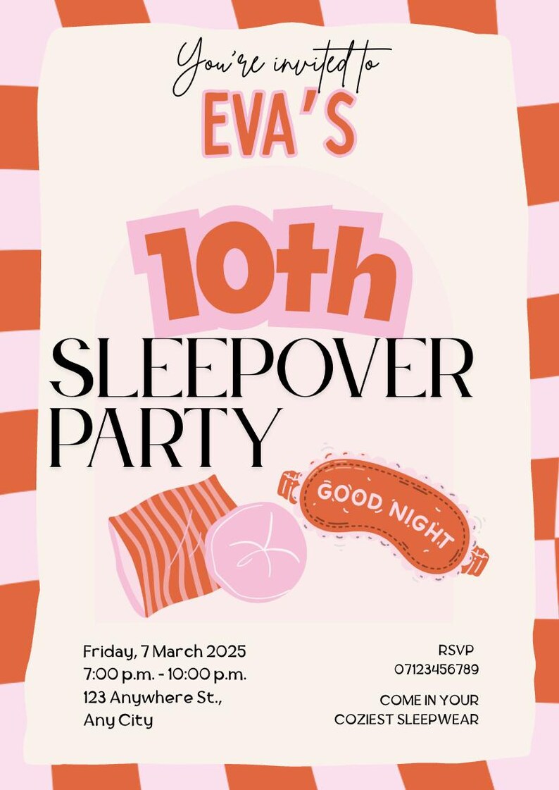 Pink & Orange Sleepover Party Invitation, Download, Pillow Fight, Sleep ...